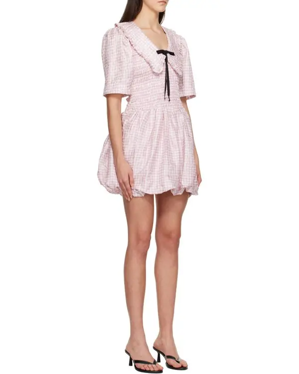 GANNI Checked Mini Dress With V-neck And Bow Detail