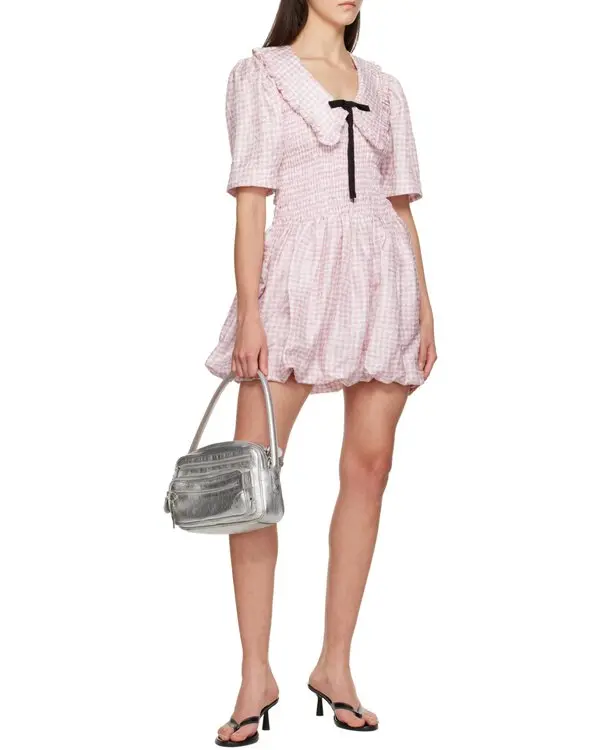 GANNI Checked Mini Dress With V-neck And Bow Detail