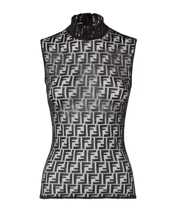 Fendi Sleeveless High-neck Ff Motif Lace Top - Black
