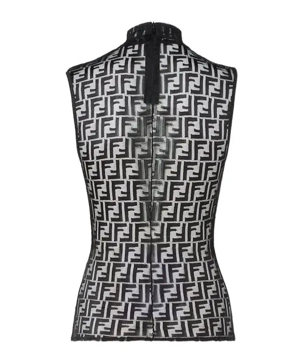 Fendi Sleeveless High-neck Ff Motif Lace Top - Black
