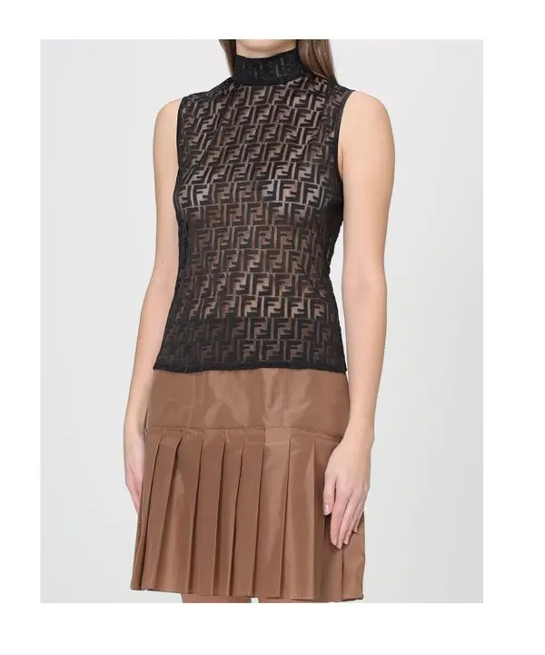 Fendi Sleeveless High-neck Ff Motif Lace Top - Black