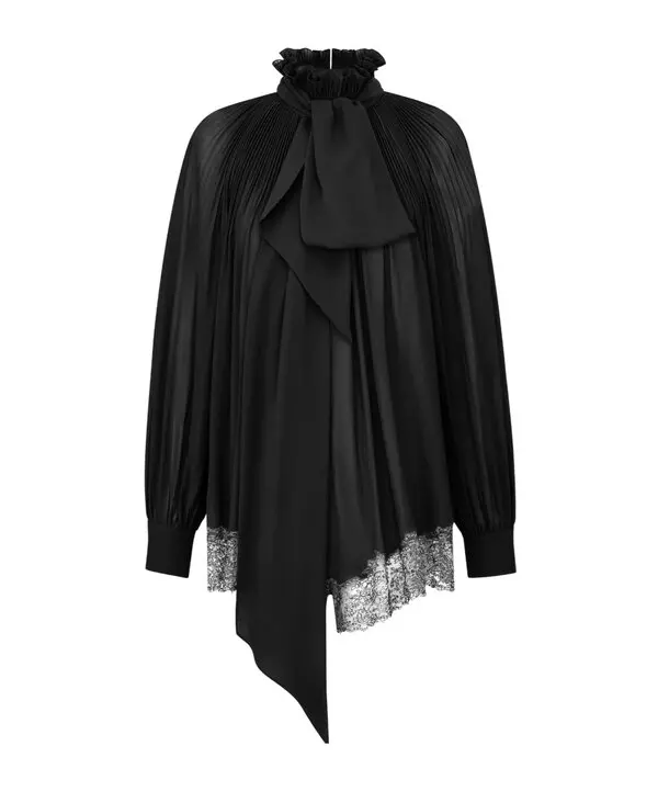 Saint Laurent Lavallière Oversized Long Sleeve Top With Lace Trim - Black