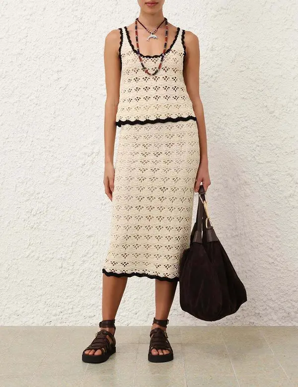 Zimmermann Rhiannon Crochet Midi Skirt - Cream/black