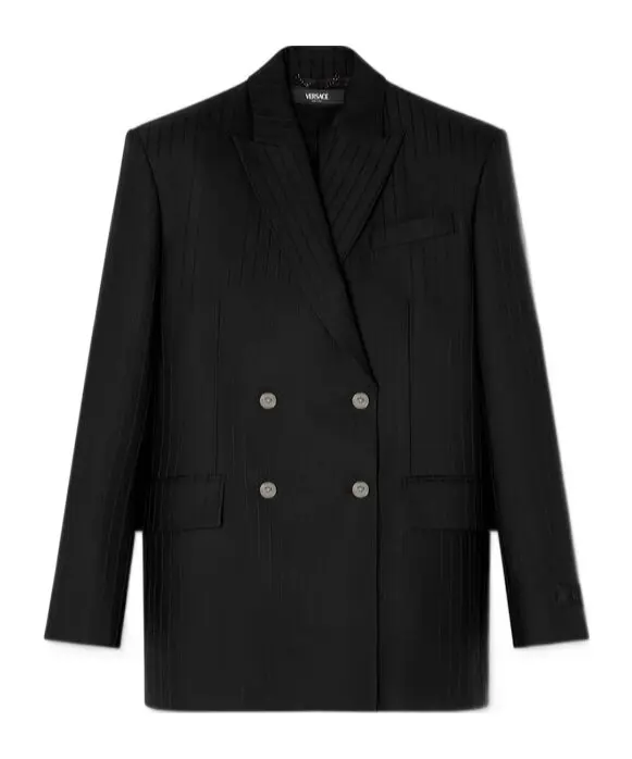 Versace Double Breasted Pinstripe Blazer - Black