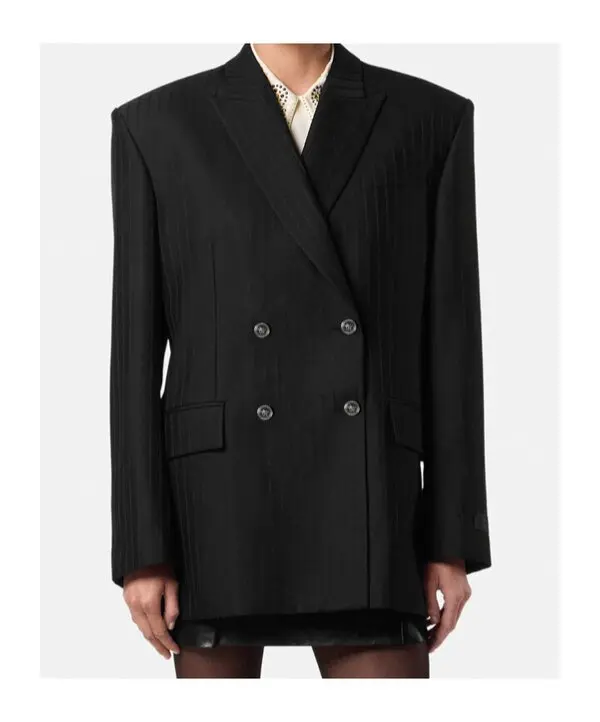 Versace Double Breasted Pinstripe Blazer - Black