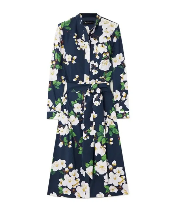 Oscar De La Renta Midi Shirt Dress With Cherry Blossom Print And Belt