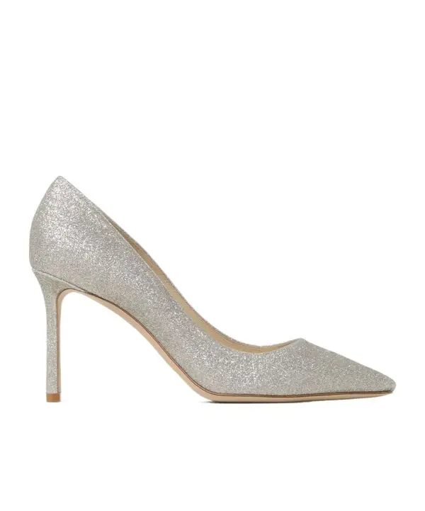JIMMY CHOO Romy 85 Champagne Glitter Pointed Toe Stiletto Pumps - Gray