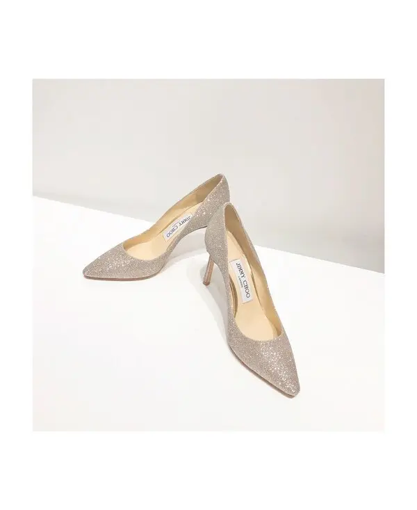 JIMMY CHOO Romy 85 Champagne Glitter Pointed Toe Stiletto Pumps - Gray