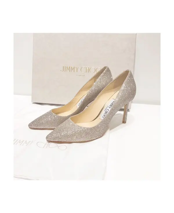 JIMMY CHOO Romy 85 Champagne Glitter Pointed Toe Stiletto Pumps - Gray