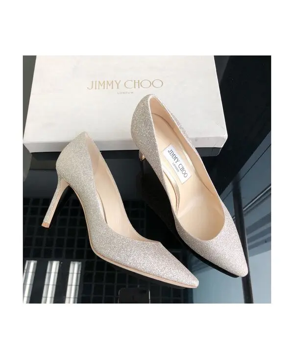 JIMMY CHOO Romy 85 Champagne Glitter Pointed Toe Stiletto Pumps - Gray