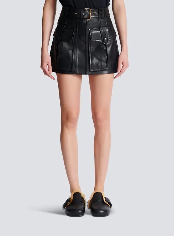 Balmain Leather Belted Bellows Pocket Skirt