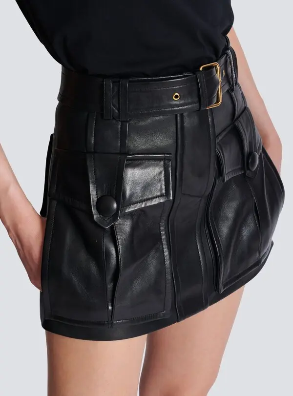 Balmain Leather Belted Bellows Pocket Skirt