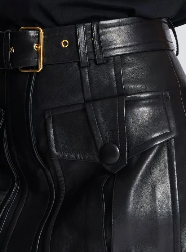 Balmain Leather Belted Bellows Pocket Skirt