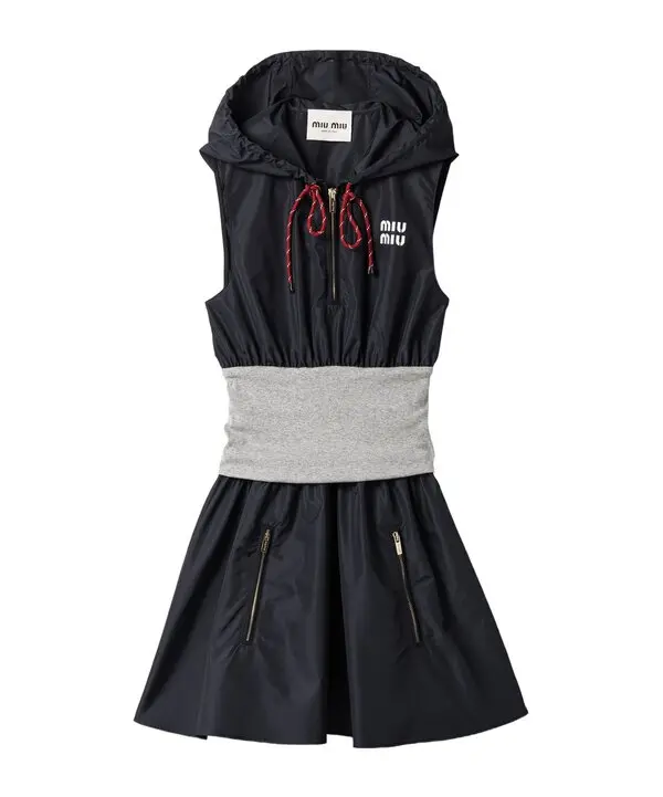 Miu Miu Sleeveless Technical Fabric Dress With Hooded Collar And Belt