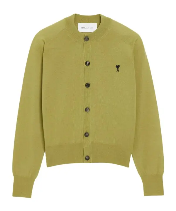 AMI Paris De Coeur Crewneck Cardigan - Matcha/black