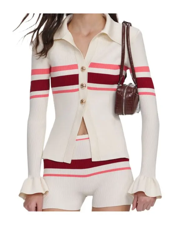 SELF-PORTRAIT Long Sleeve Button-down Knit Sweater With Gold Button Details