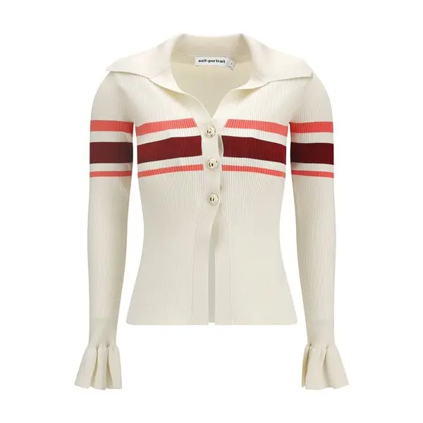 SELF-PORTRAIT Striped Ribbed Cardigan With Ruffled Cuffs - White