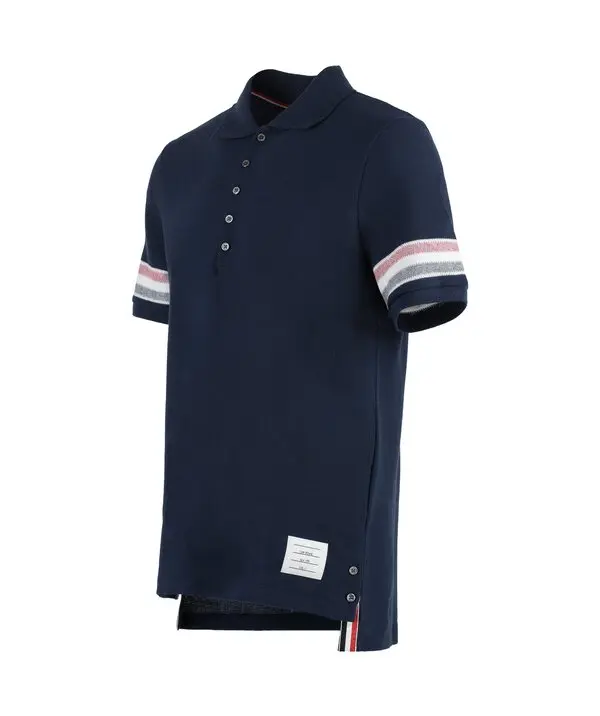 Thom Browne Logo Patch Striped Polo Shirt - Navy Blue