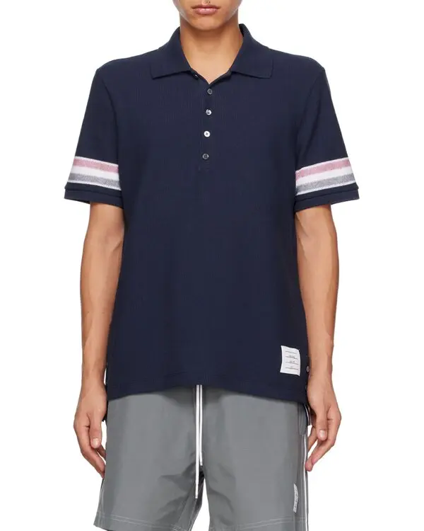 Thom Browne Logo Patch Striped Polo Shirt - Navy Blue