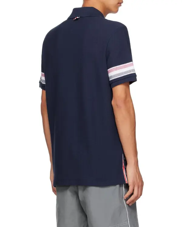 Thom Browne Logo Patch Striped Polo Shirt - Navy Blue