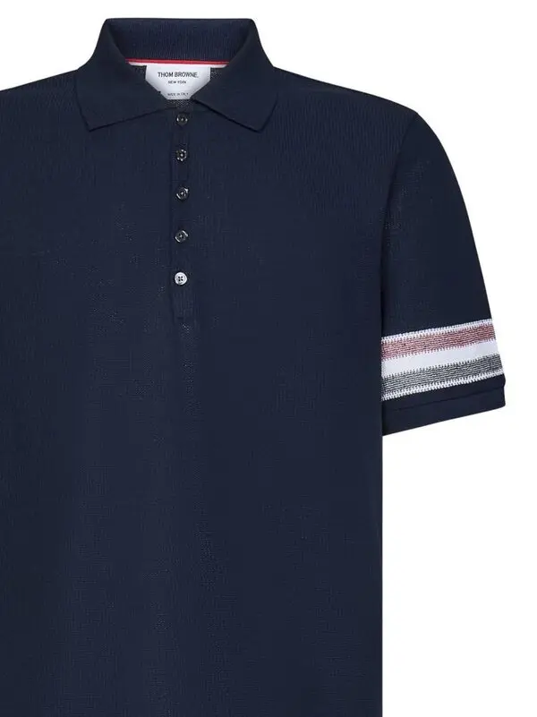 Thom Browne Logo Patch Striped Polo Shirt - Navy Blue
