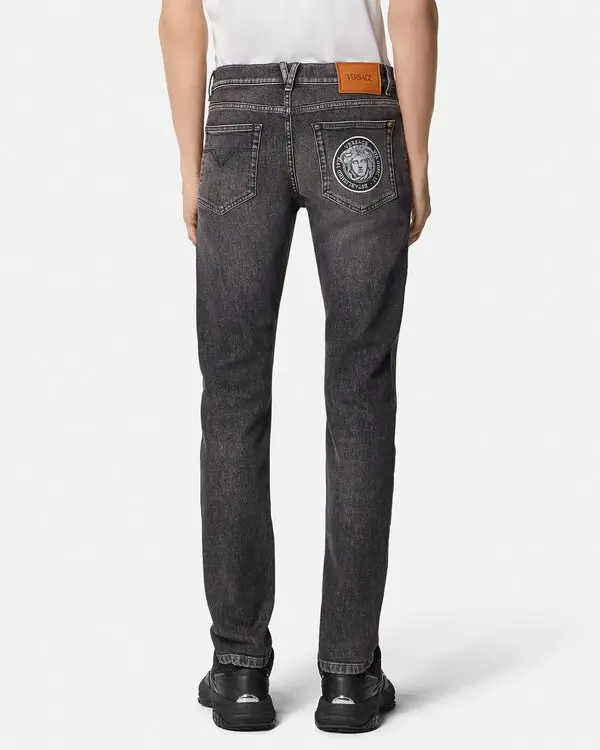 Versace La Medusa Embroidered Jeans - Grey