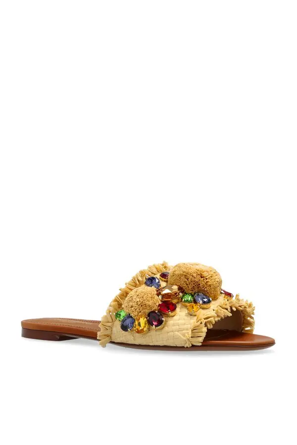 Dolce & Gabbana Embellished Raffia Slides - Brown