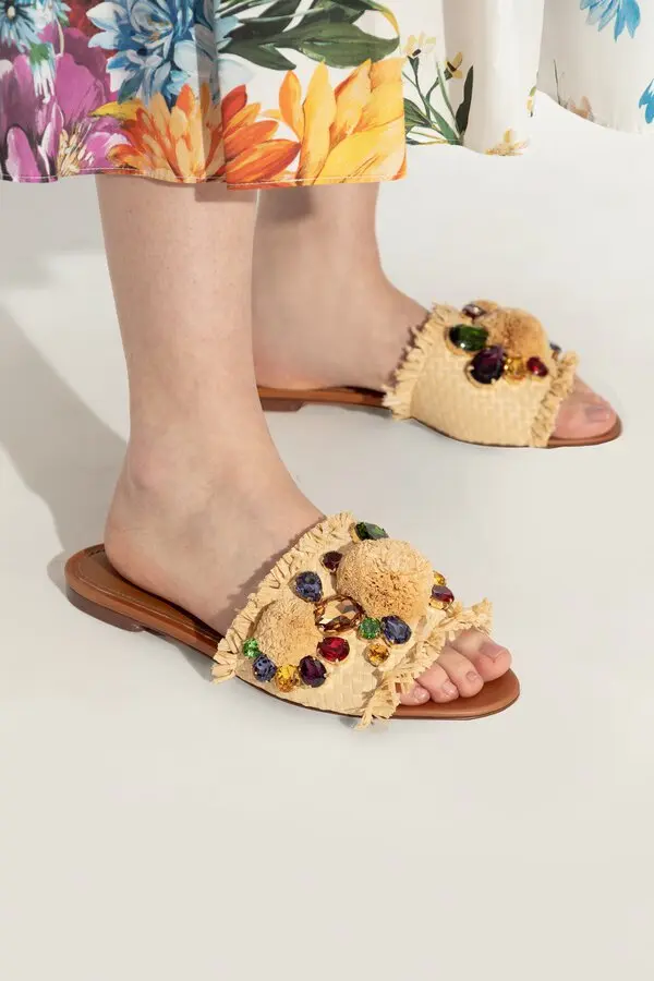 Dolce & Gabbana Embellished Raffia Slides - Brown