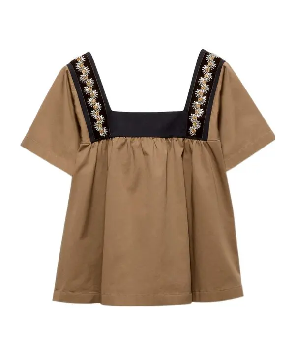 Prada Embroidered Old Gabardine Top - Cork Beige