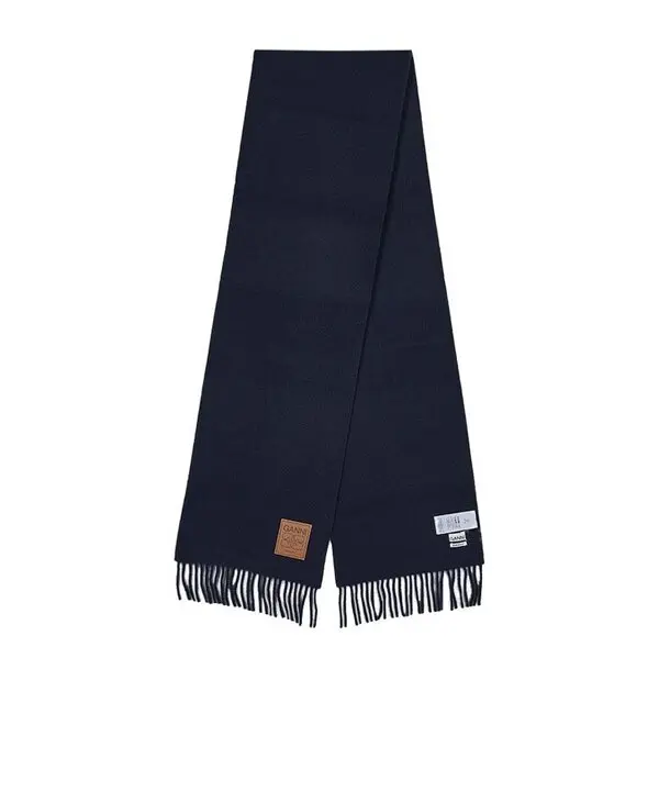 GANNI Logo Patch Fringed Scarf - Black