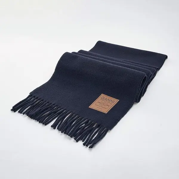 GANNI Logo Patch Fringed Scarf - Black