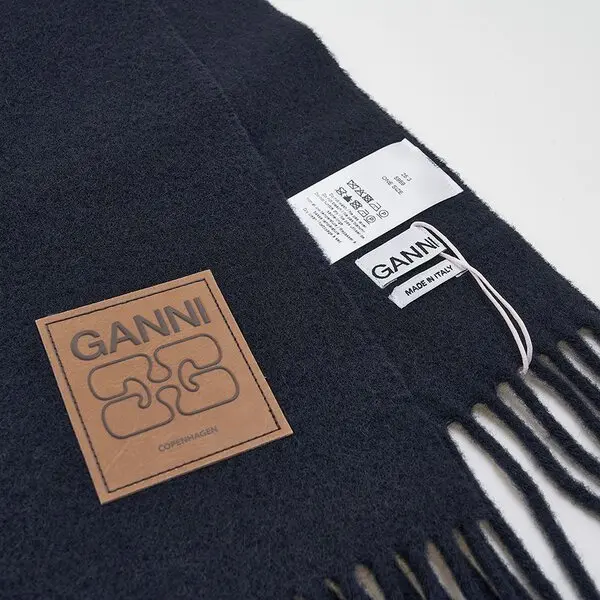 GANNI Logo Patch Fringed Scarf - Black