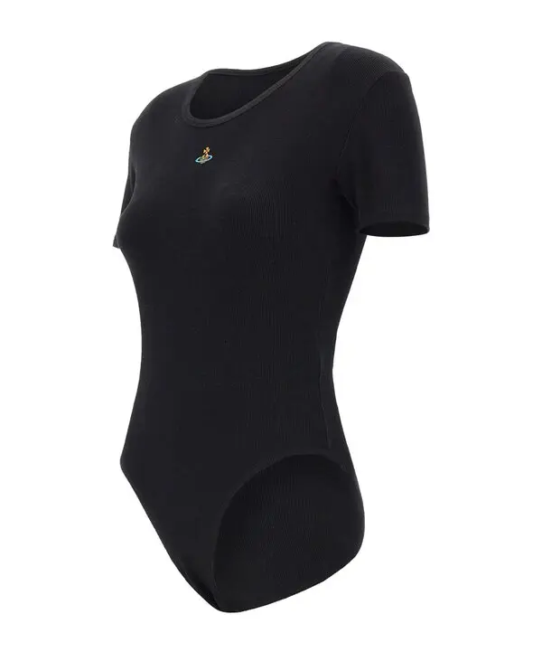 VIVIENNE WESTWOOD Short Sleeve Ribbed Bodysuit With Orb Embroidery - Black