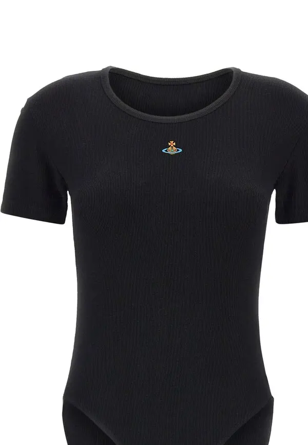 VIVIENNE WESTWOOD Short Sleeve Ribbed Bodysuit With Orb Embroidery - Black