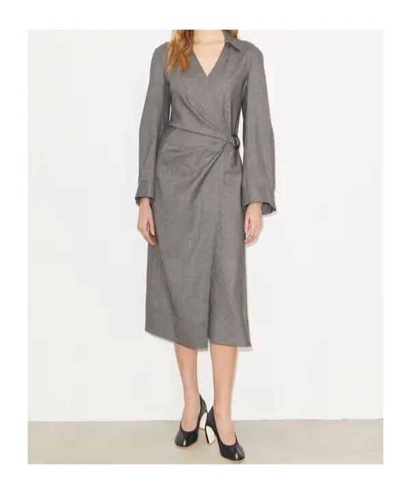 Tory Burch Wool Wrap Dress With Waist Buckle - Gray