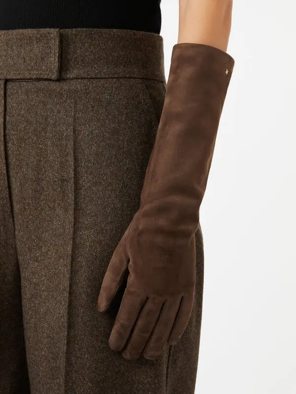 Max Mara Afide Suede Gloves With Logo Plaque - Brown