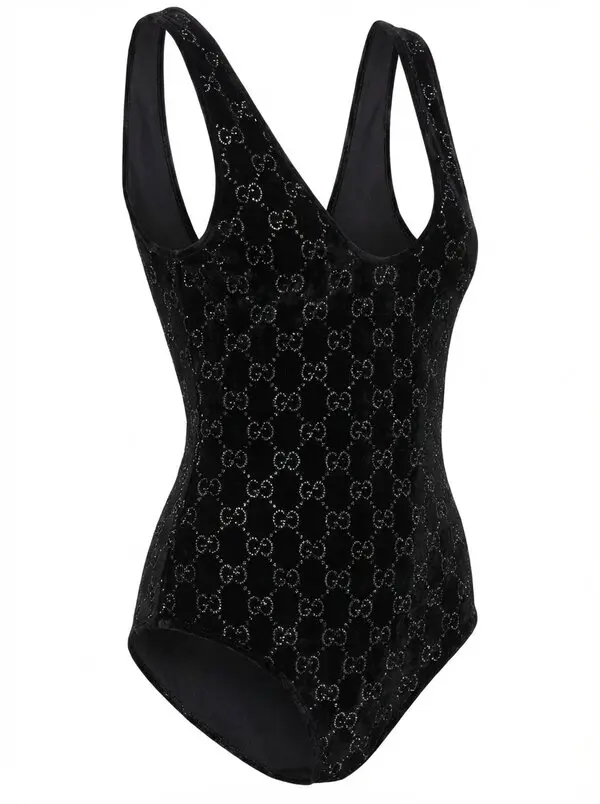 Gucci Chenille Bodysuit With Gg Crystals - Black