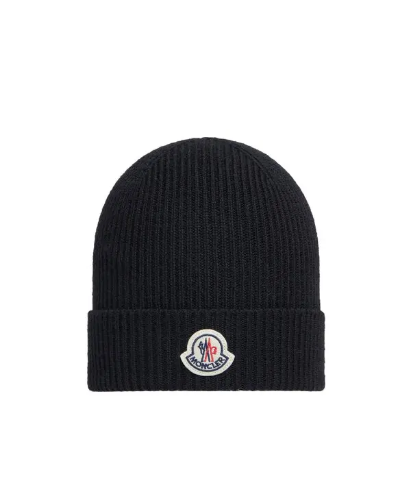 Moncler Logo Patch Knitted Beanie - Black