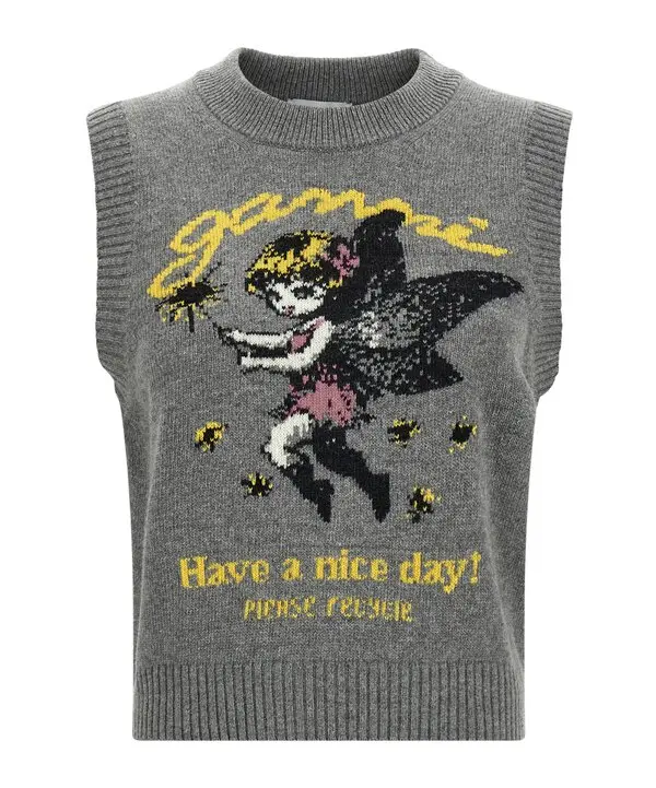 GANNI Sleeveless Graphic Appliqué Knit Top