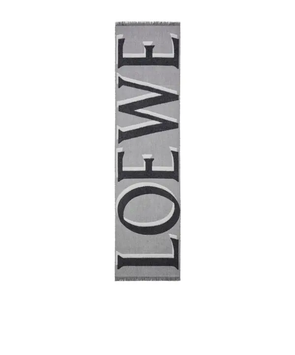 Loewe Logo Printed Frayed Edge Scarf - Gray