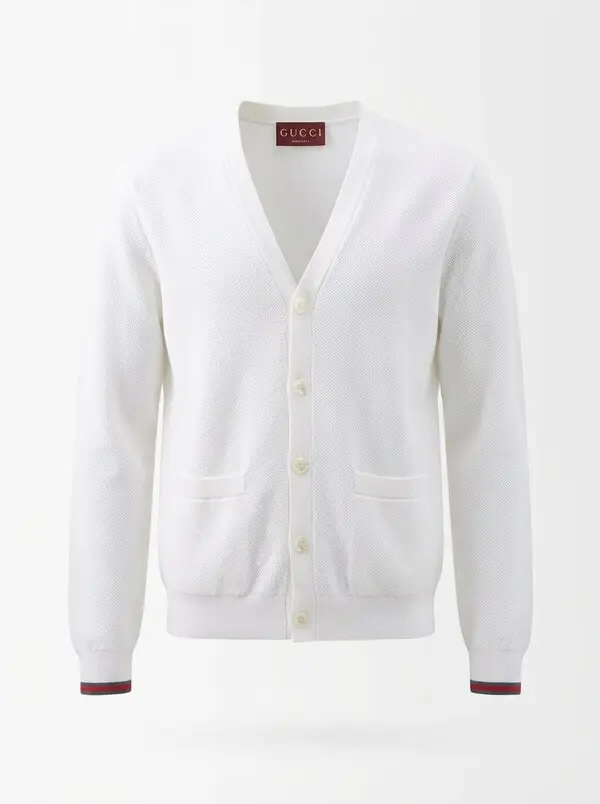 Gucci Cotton Piquet Knit Cardigan With Web Trim - White