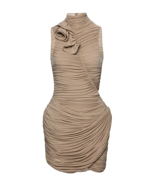 Magda Butrym Ruched Floral Appliqué High Neck Dress