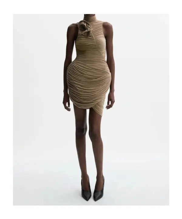 Magda Butrym Ruched Floral Appliqué High Neck Dress