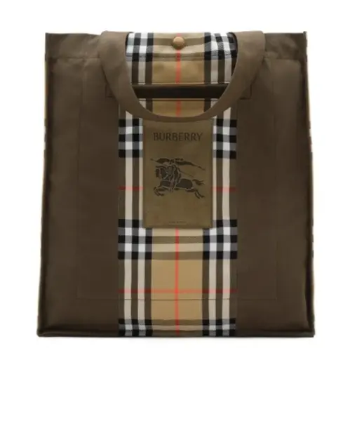 Burberry Checked Logo Patch Tote Bag - Military Green/sand Beige
