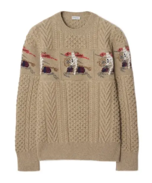 Burberry Aran Knit Jumper With Equestrian Knight Design - Light Brown Melange