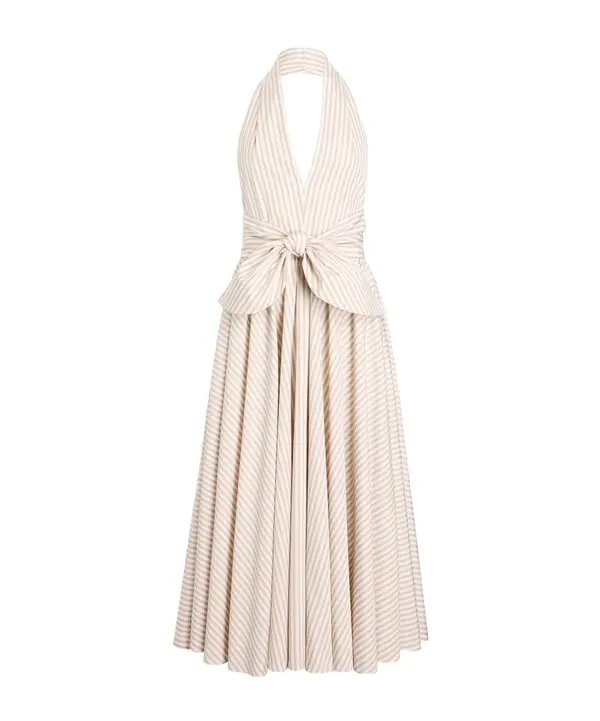 PATOU Halterneck Knotted Stripe Midi Dress - White