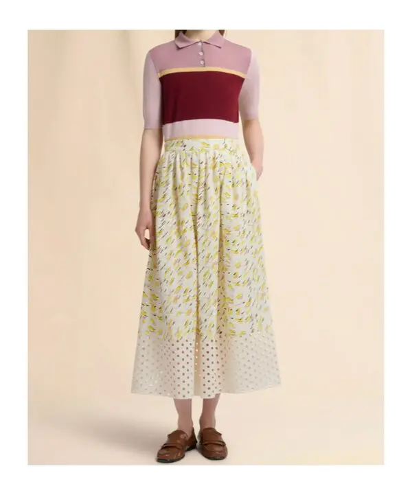 Marni Brushstroke Wave Printed Midi Skirt With Embroidered Lace Hem - Nude