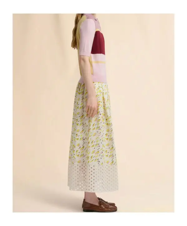 Marni Brushstroke Wave Printed Midi Skirt With Embroidered Lace Hem - Nude