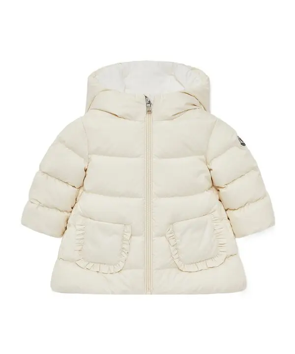 Moncler Padded Hooded Jacket With Ruffle Detail - White