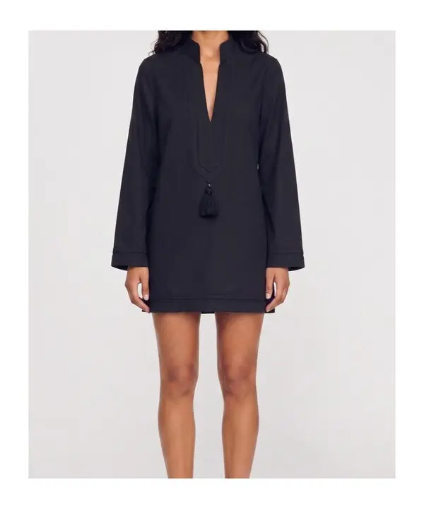 Tory Burch V-neck Tunic With Fringe And Herringbone Trim - Black